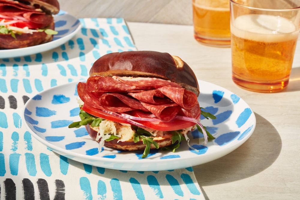 German Salami Pretzel Bun Sandwiches with Sweet Mustard Sauce - Schneiders